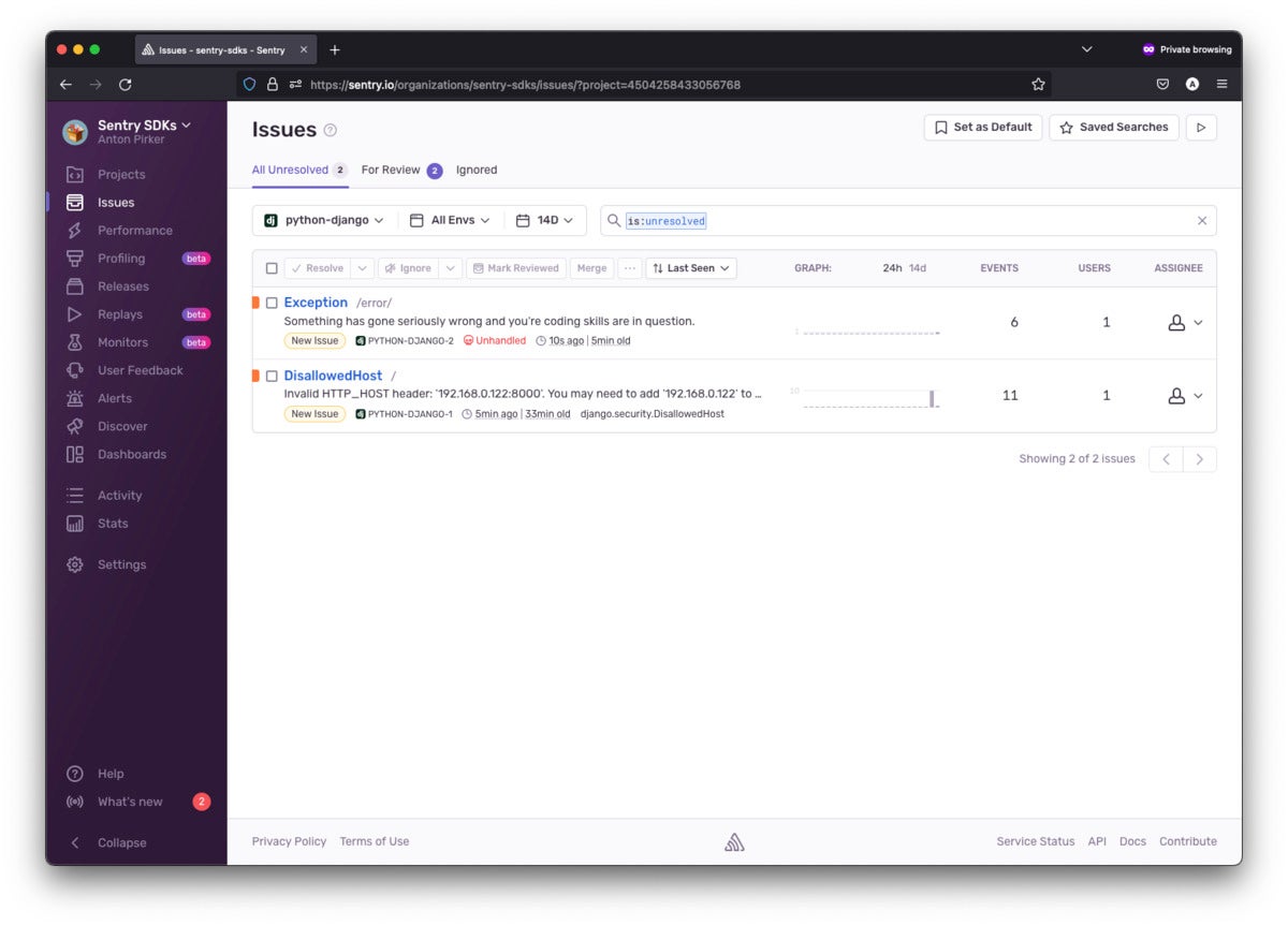 Error Tracking With Sentry Python And Django Learning Actors